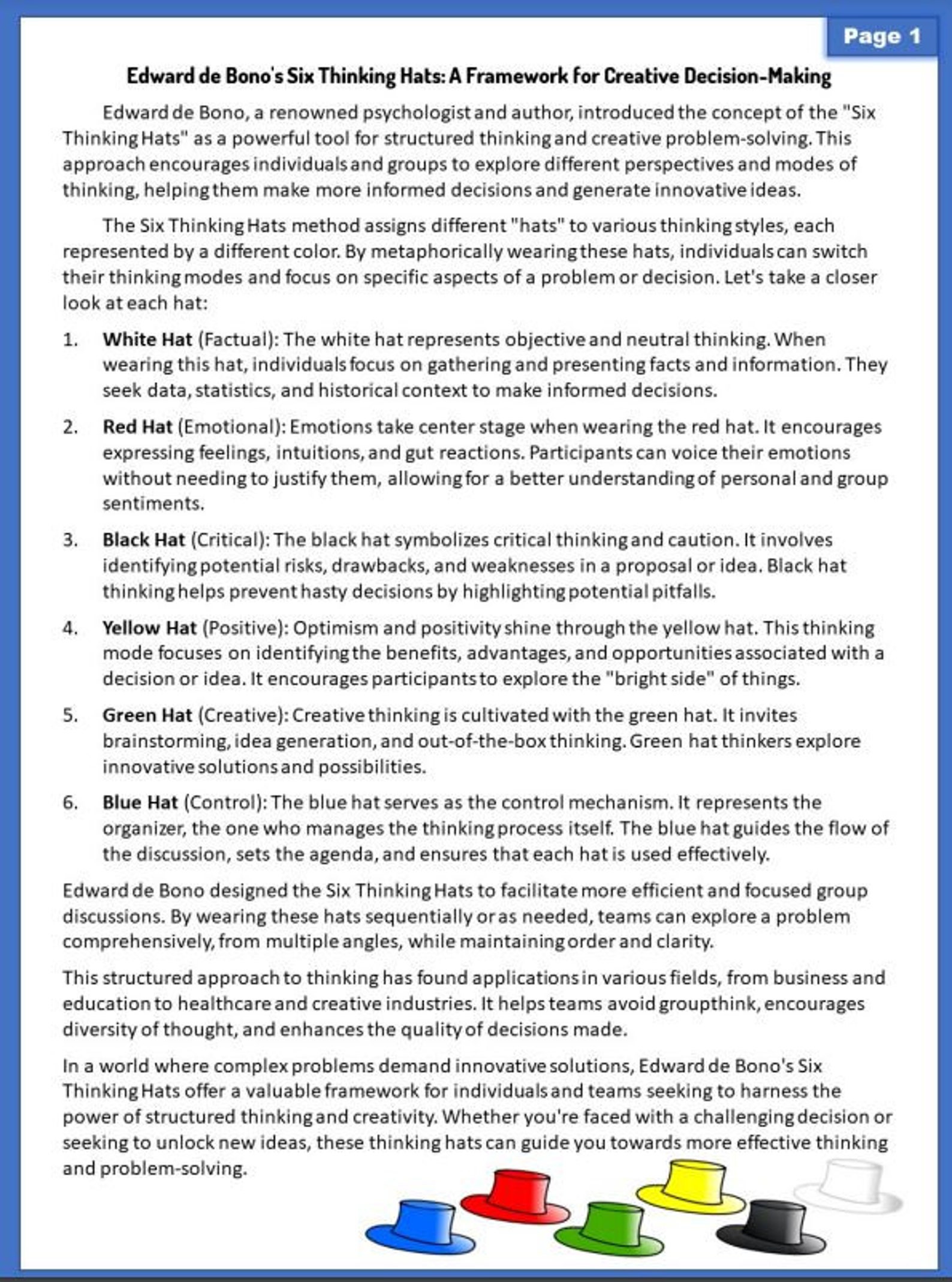 Six Thinking Hats Edward De Bono Reading Passage and Comprehension ...