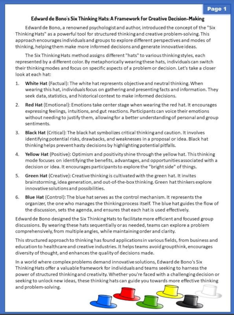 Six Thinking Hats Edward De Bono Reading Passage and Comprehension ...