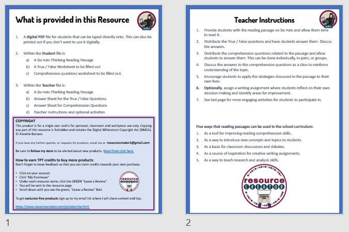 Six Thinking Hats Edward De Bono Reading Passage and Comprehension ...