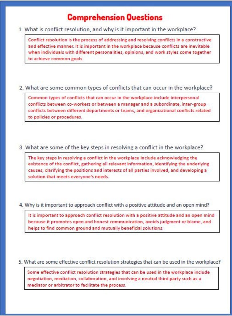 Conflict Resolution Reading Passage With Comprehension Questions ...