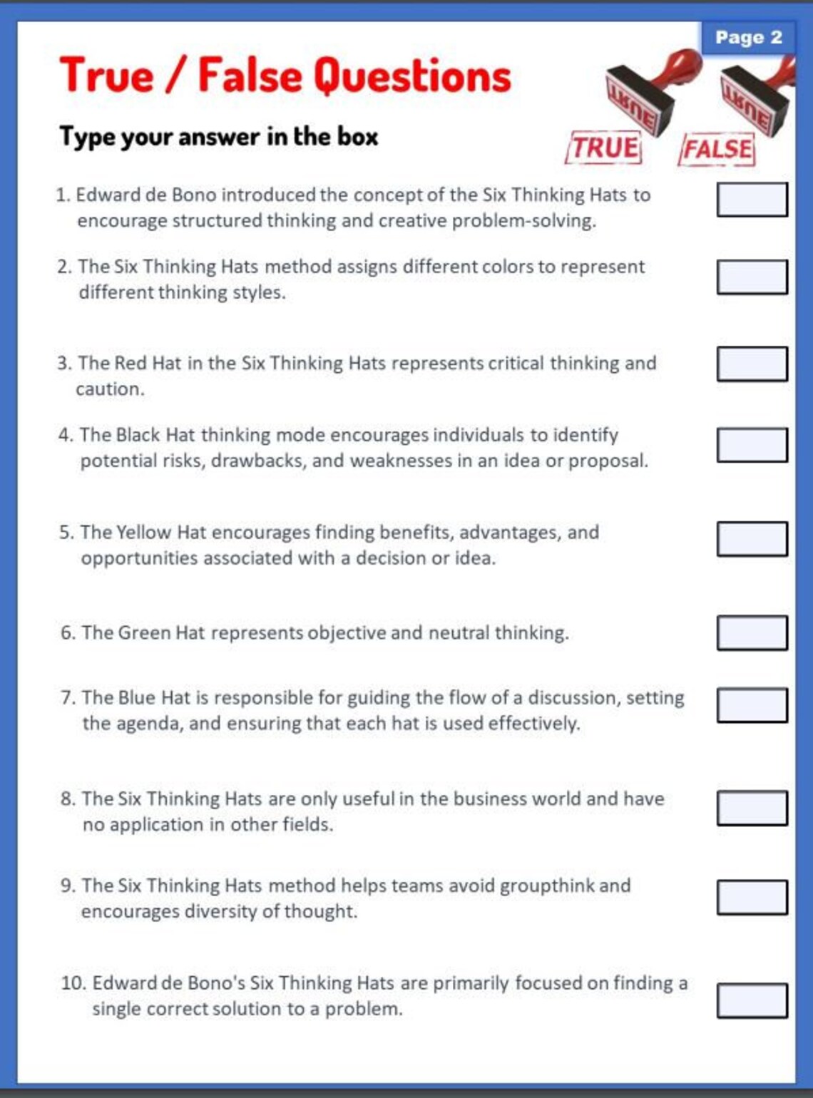 Six Thinking Hats Edward De Bono Reading Passage and Comprehension ...