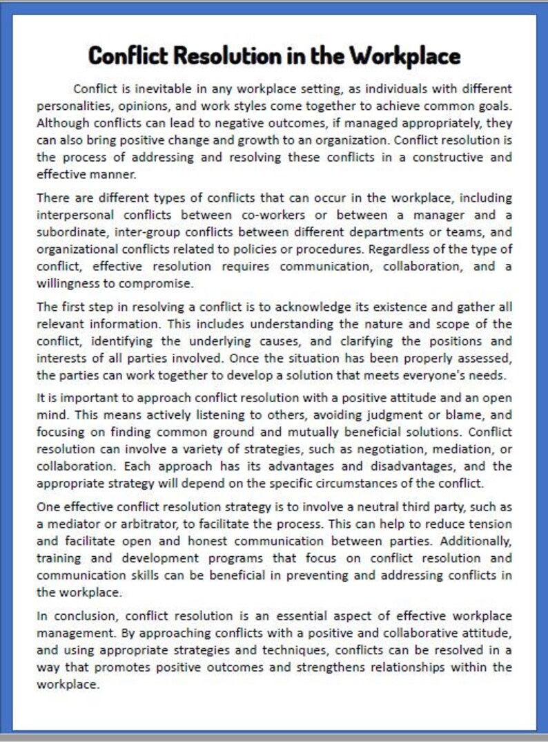 Conflict Resolution Reading Passage With Comprehension Questions ...