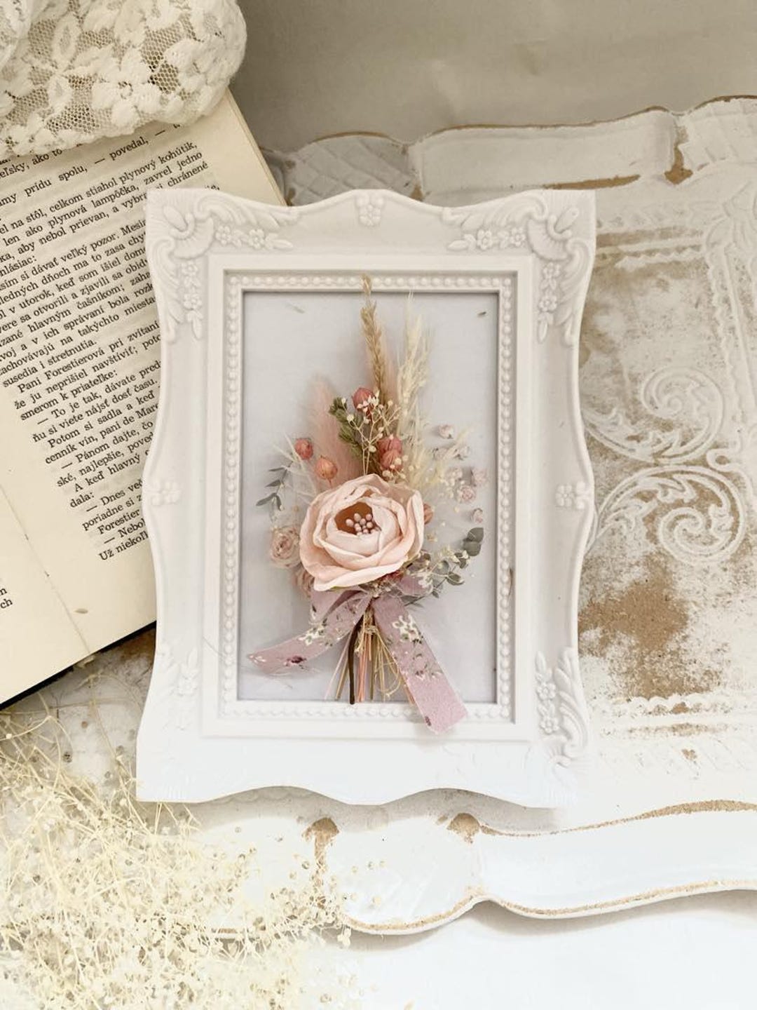 Dried Flower Display Wall Art Pink Rose Bloom Arrangement Bedroom Decor ...