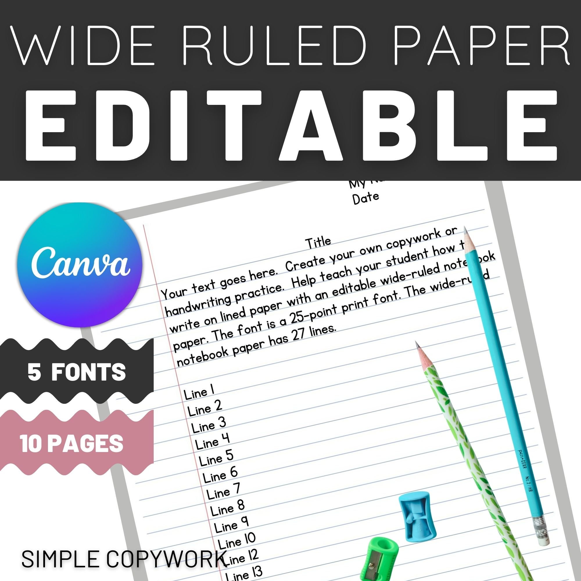 Editable Wide Ruled Lined Notebook Paper for Kids to Practice ...