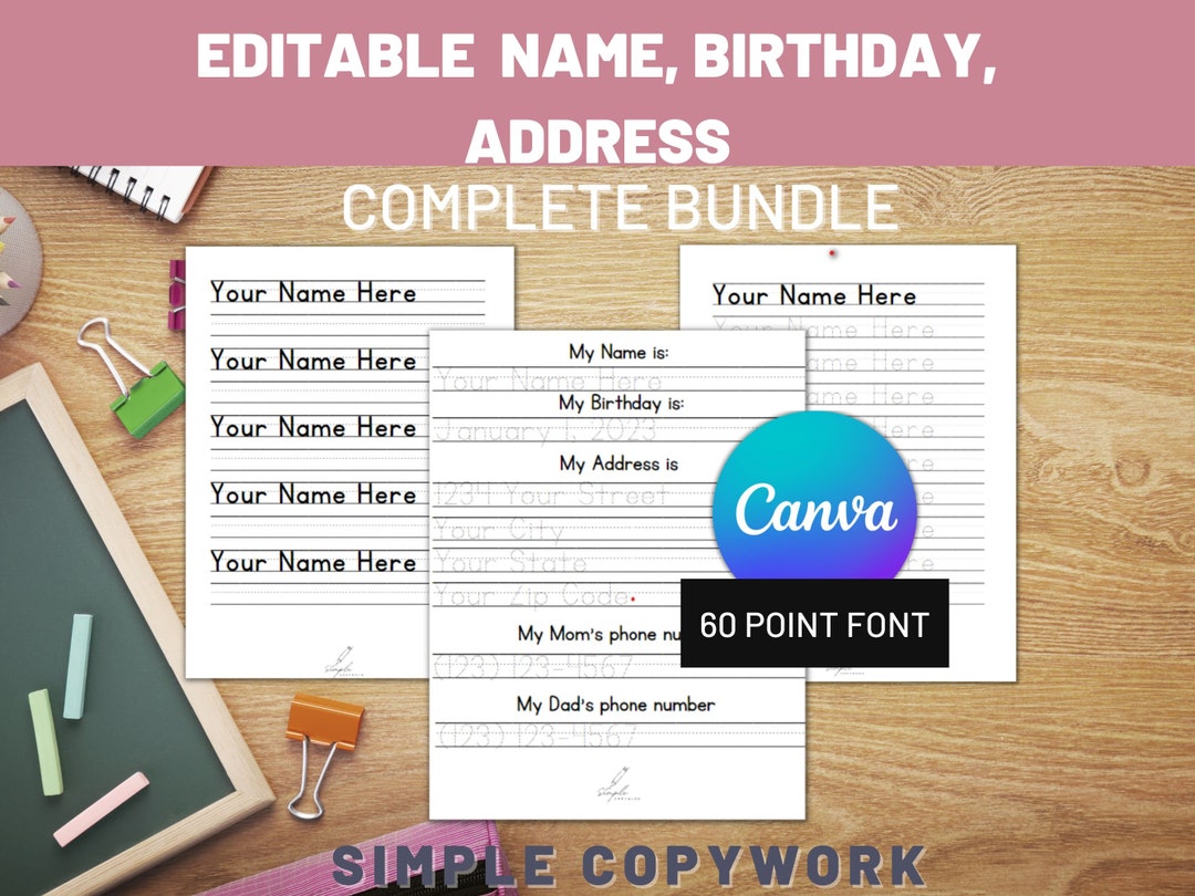 BUNDLE Name Address Birthday Tracing Worksheet Editable, Preschool ...