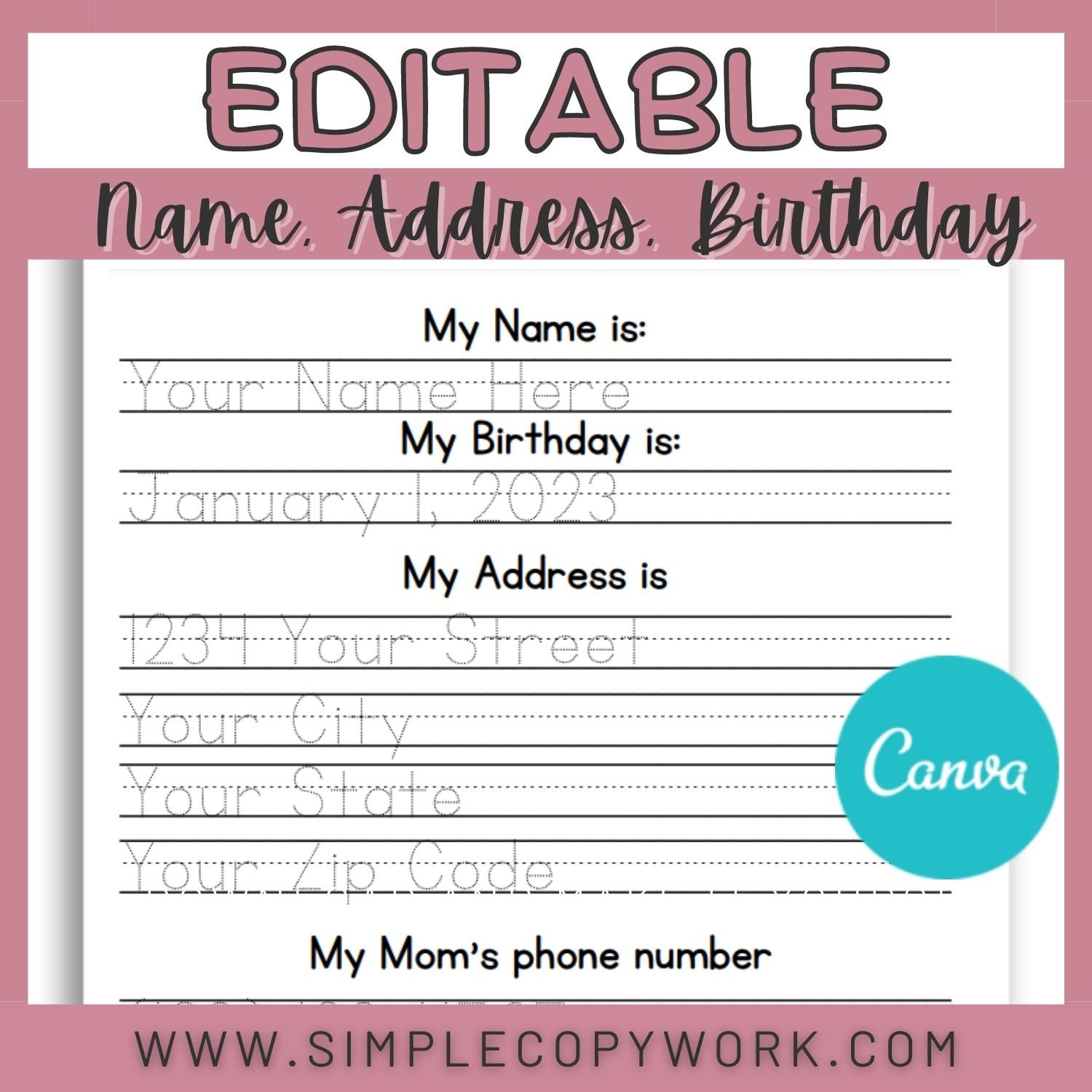 Editable Learn My Name My Address My Birthday Tracing Worksheet In Canva For Preschooler