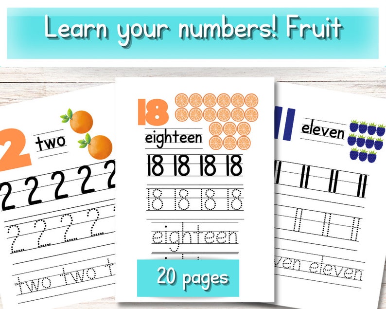 Number Tracing Worksheets for Preschool | Counting Fruit Numbers 1-20 ...