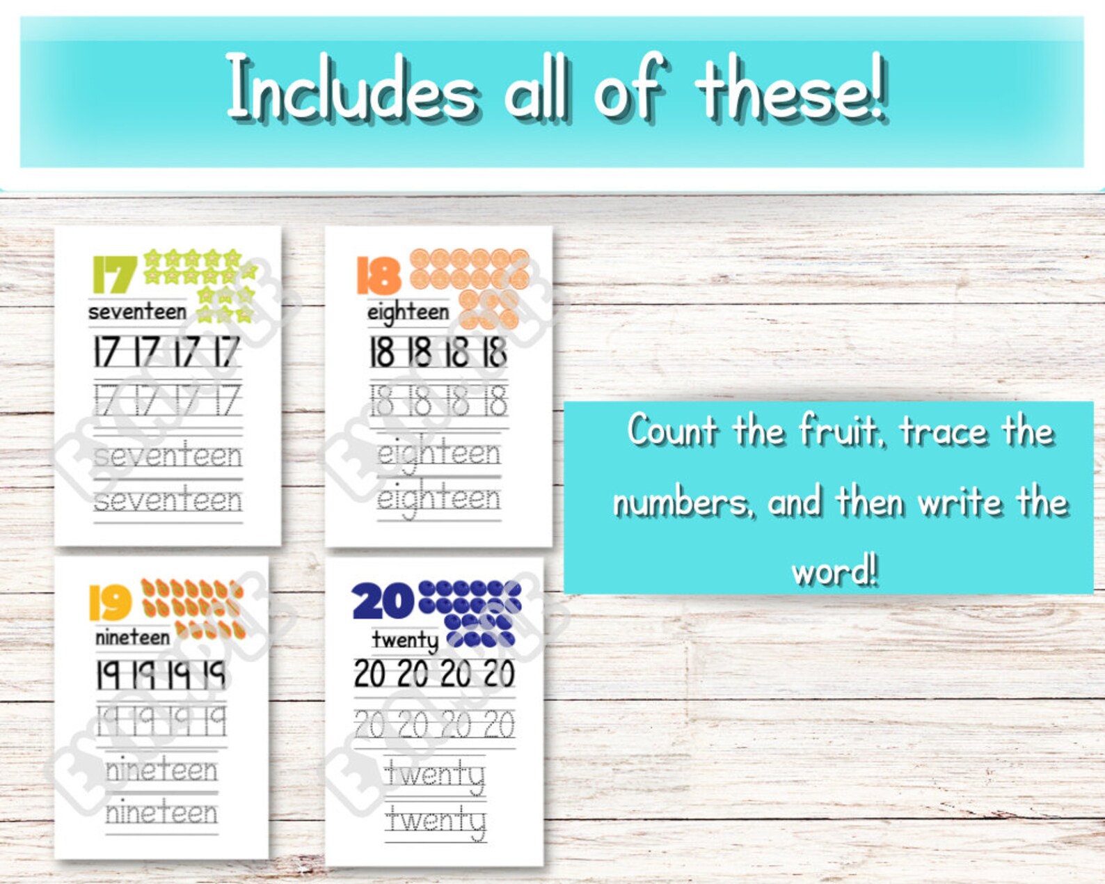 Number Tracing Worksheets for Preschool | Counting Fruit Numbers 1-20 ...