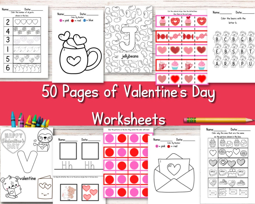 50 Pages of Valentine's Day Worksheets | Cut and Paste | for Preschool ...
