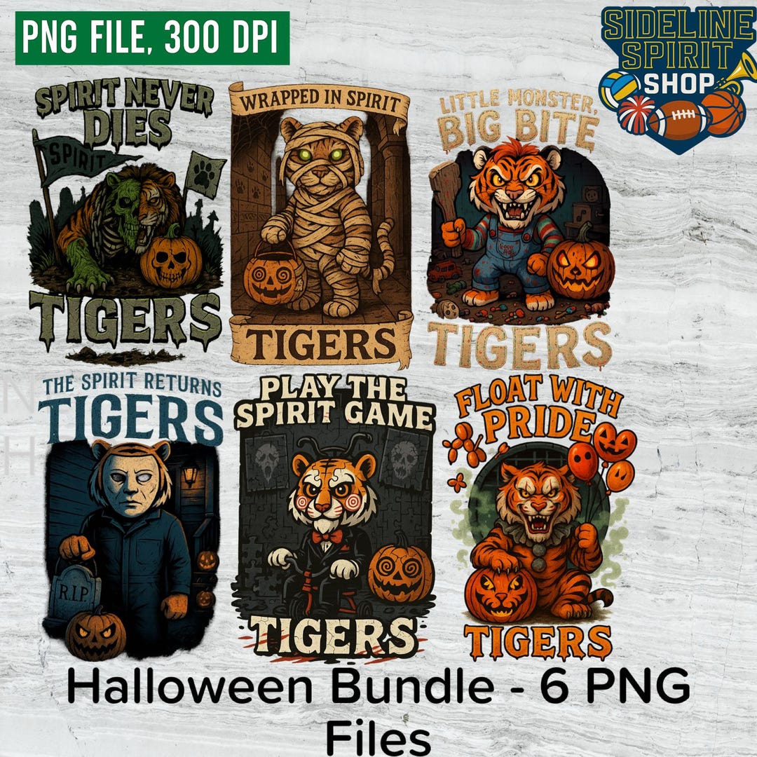 TIGERS Halloween Spirit Bundle – 6 PNG Files – Horror Mascot Digital ...