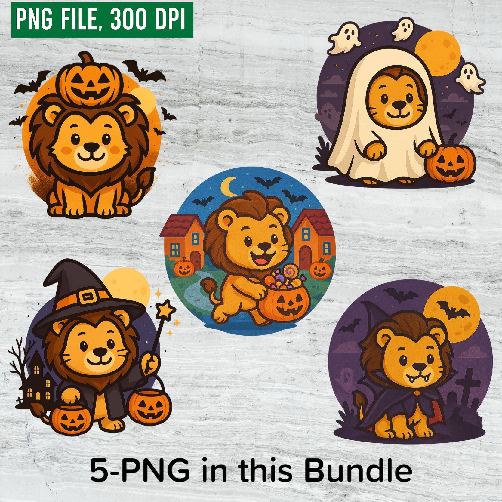 Halloween Lion PNG Bundle | Cute Trick-or-treat Lion Clipart | 5 Pngs ...