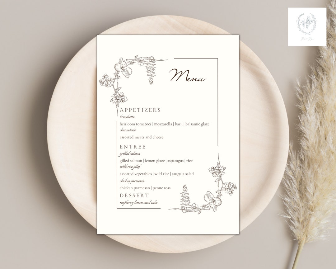 Minimalist Menu Template, Wedding Menu, Vineyard Inspired, Modern ...