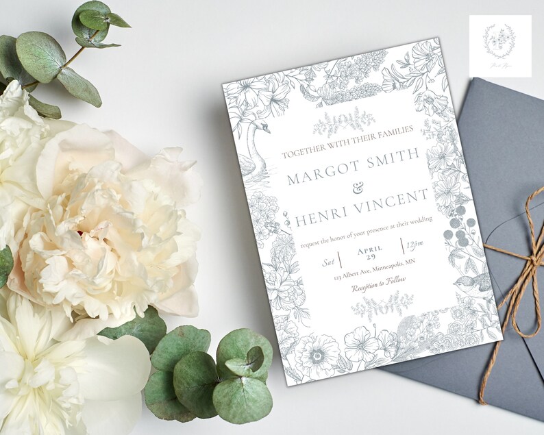 French Toile Wedding Invitation Suite Template, Blue & White Classic ...