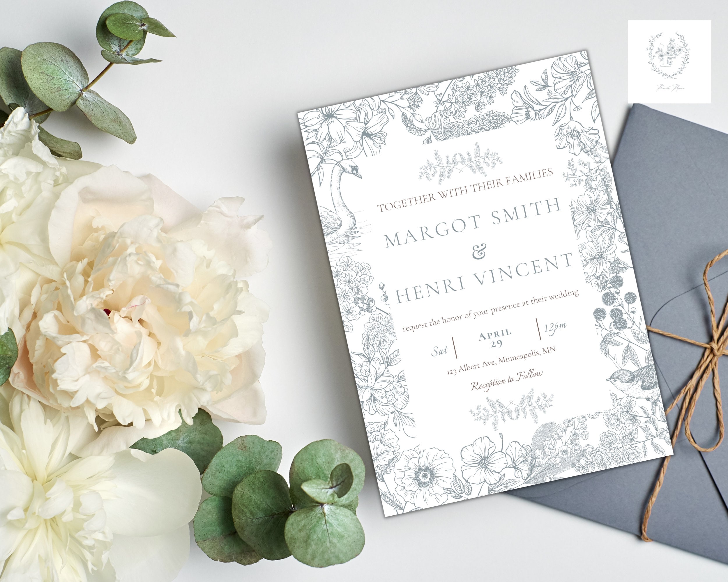 French Toile Wedding Invitation Suite Template, Blue & White Classic ...