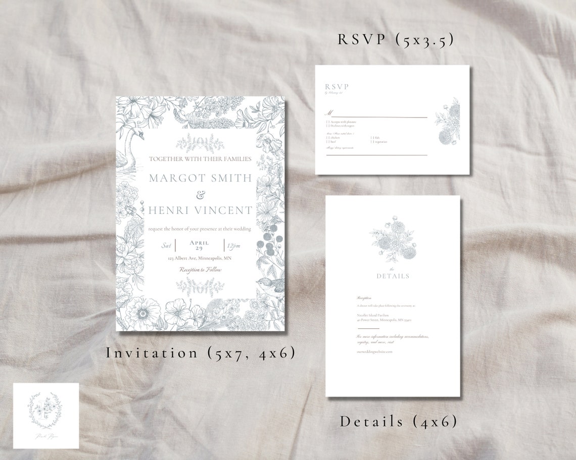 French Toile Wedding Invitation Suite Template, Blue & White Classic ...