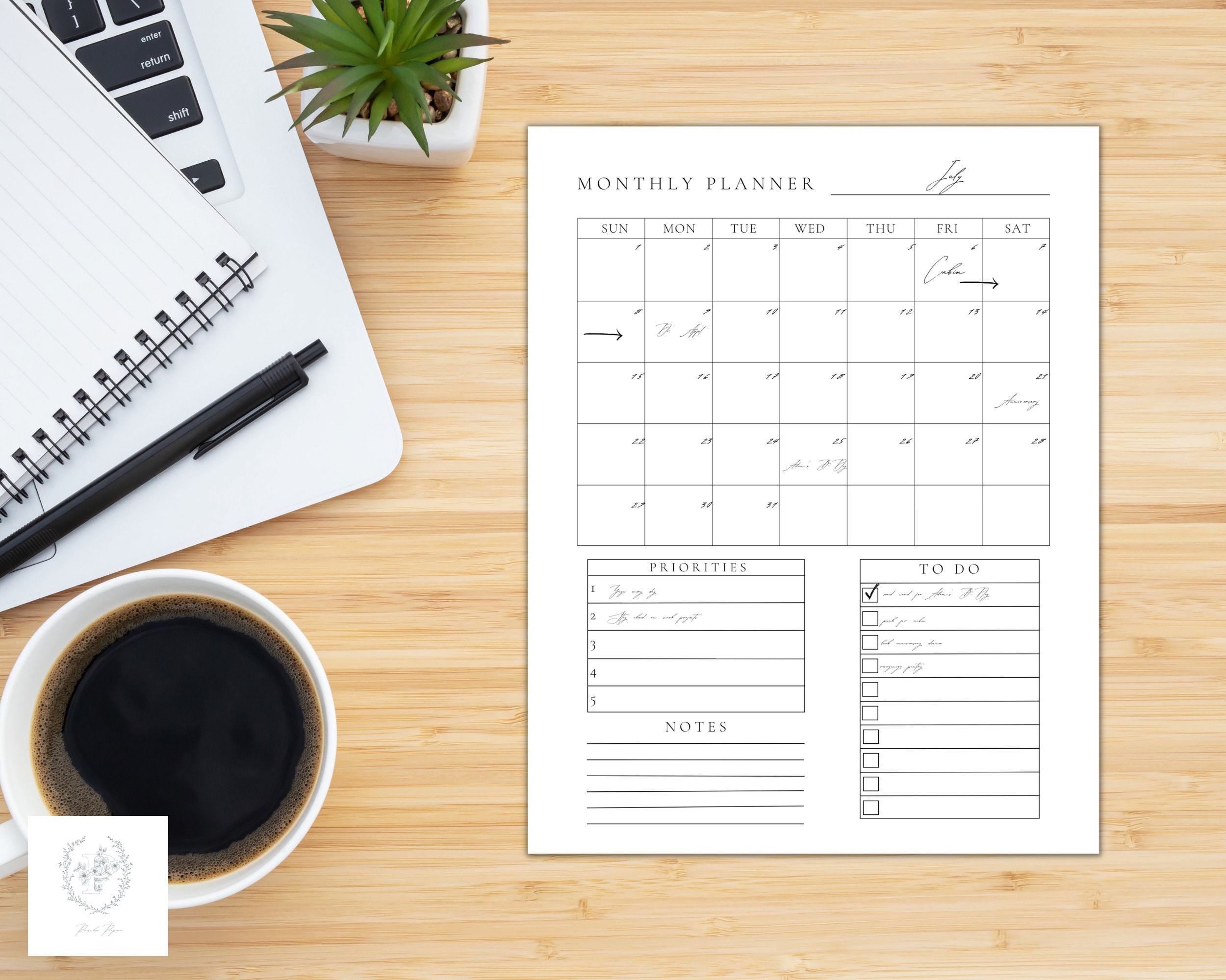 Monthly Personal Planner, Calendar, Instant Download, Productivity ...