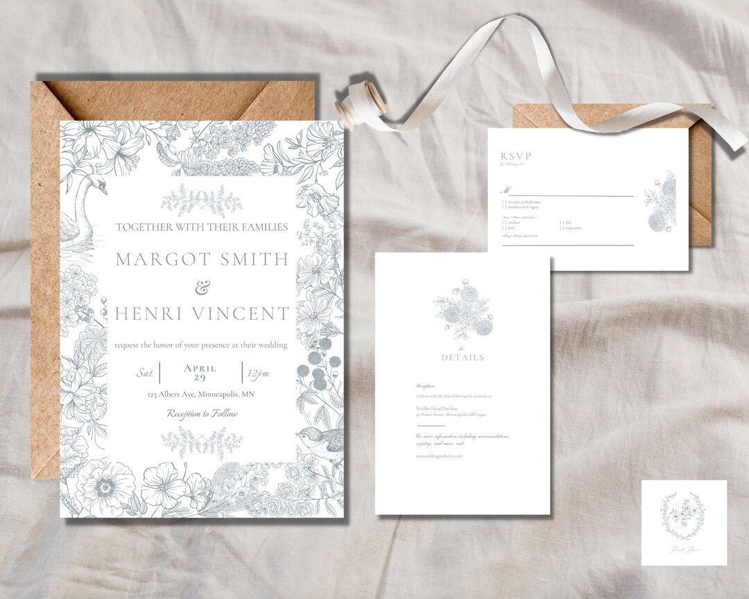French Toile Wedding Invitation Suite Template, Blue & White Classic ...