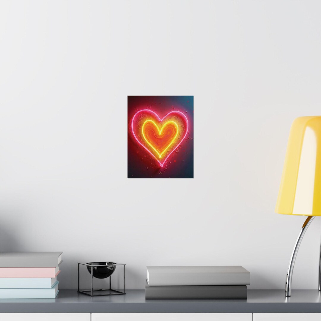 Neon Heart Matte Vertical Poster | Glowing Pink & Yellow Heart Wall Art ...