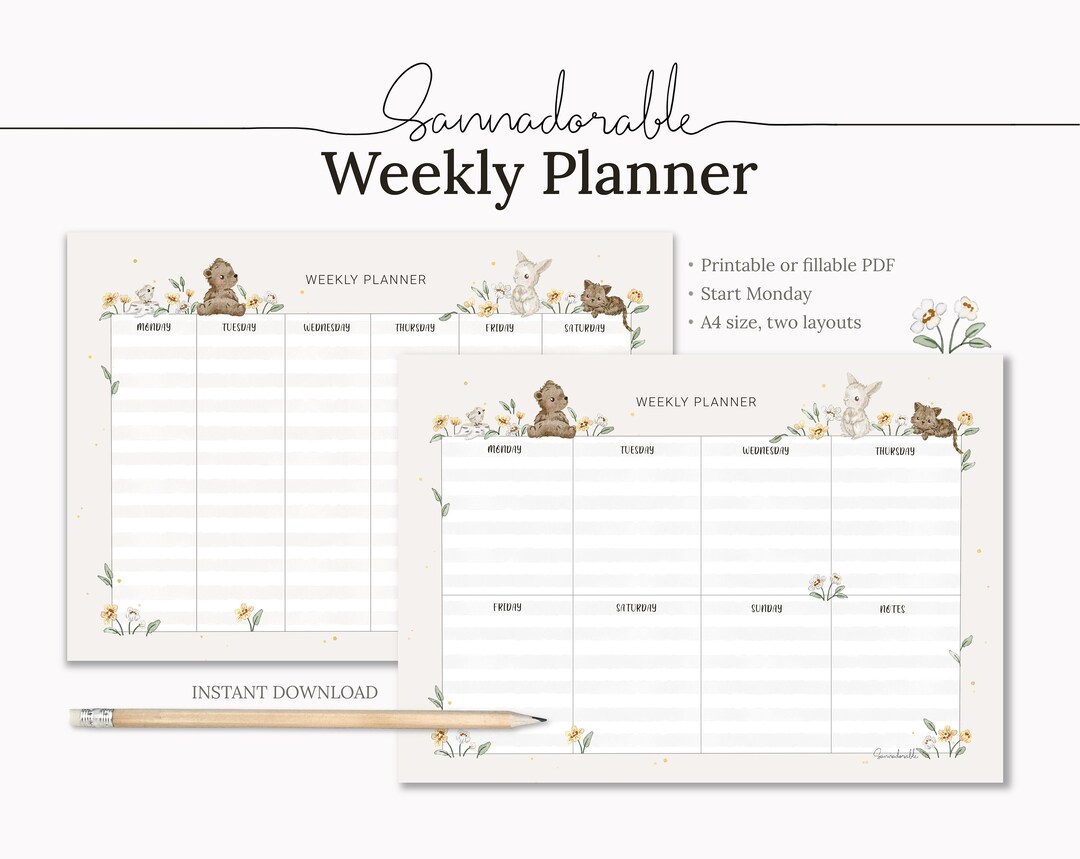PRINTABLE Weekly Planner, Illustration by Sannadorable, Digital Planner ...