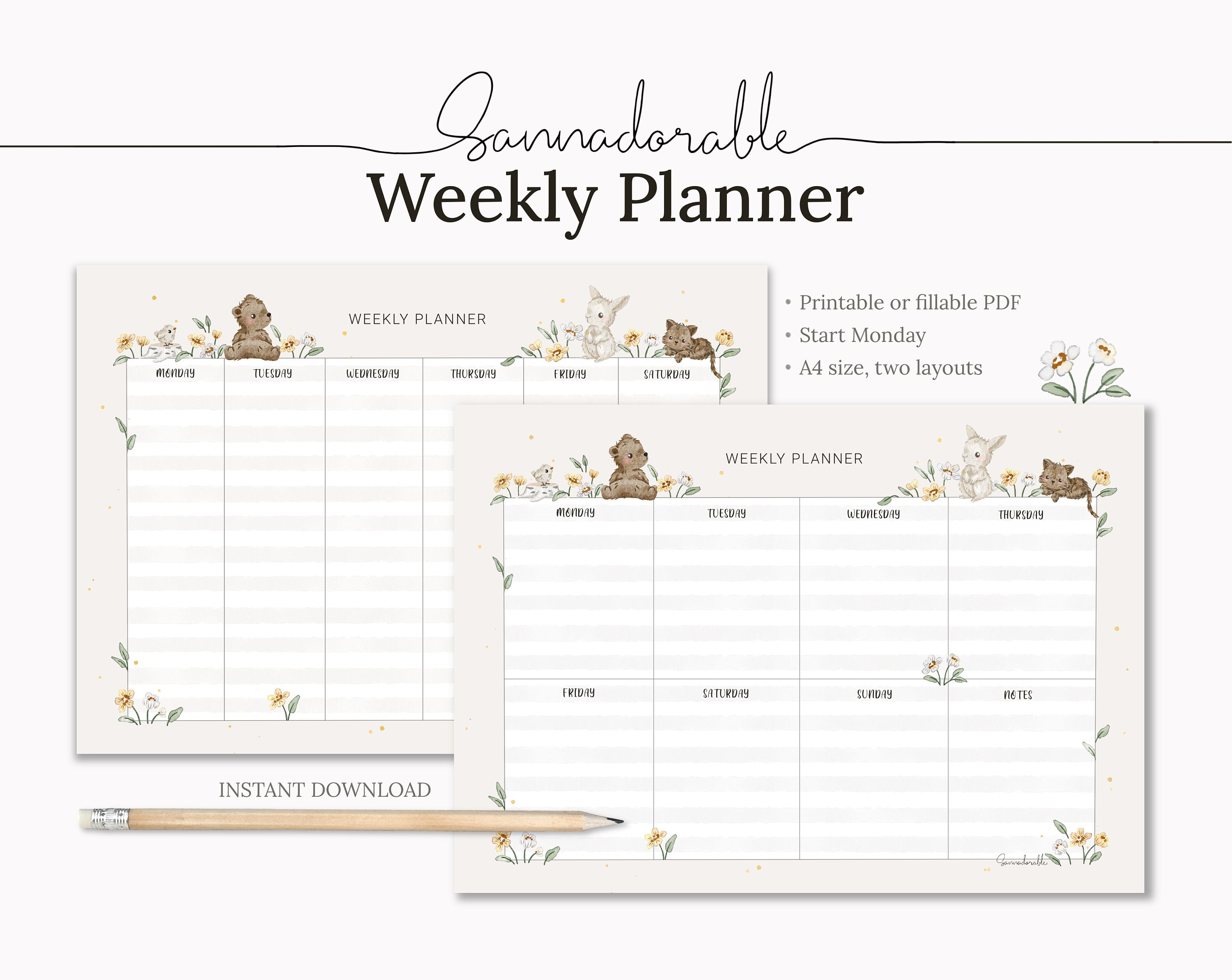 PRINTABLE Weekly Planner, Illustration by Sannadorable, Digital Planner ...