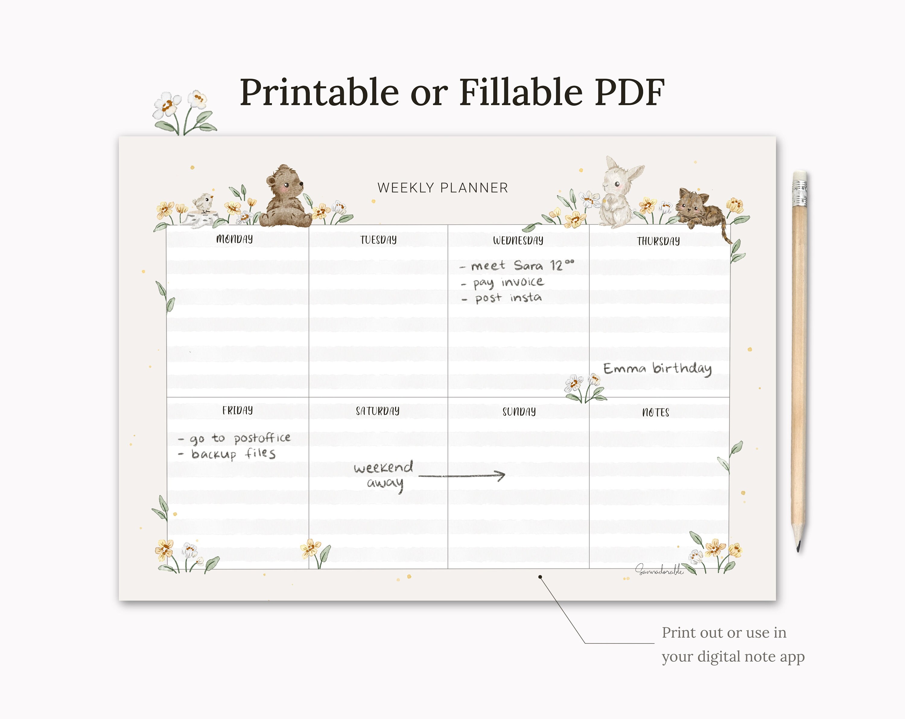 PRINTABLE Weekly Planner, Illustration by Sannadorable, Digital Planner ...