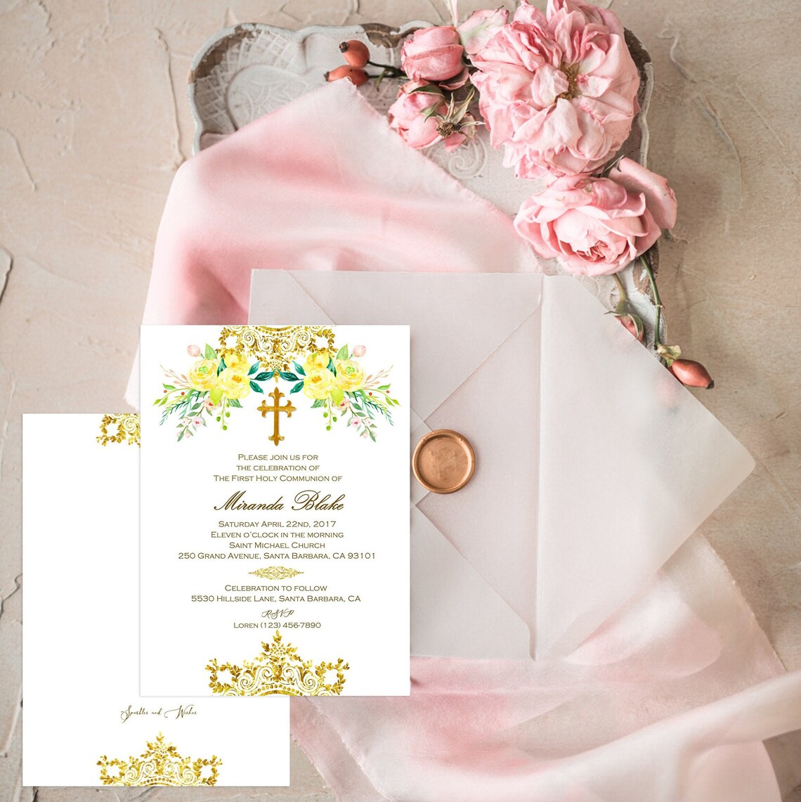 Elegant First Holy Communion Invitation, Delicately Designed in White ...