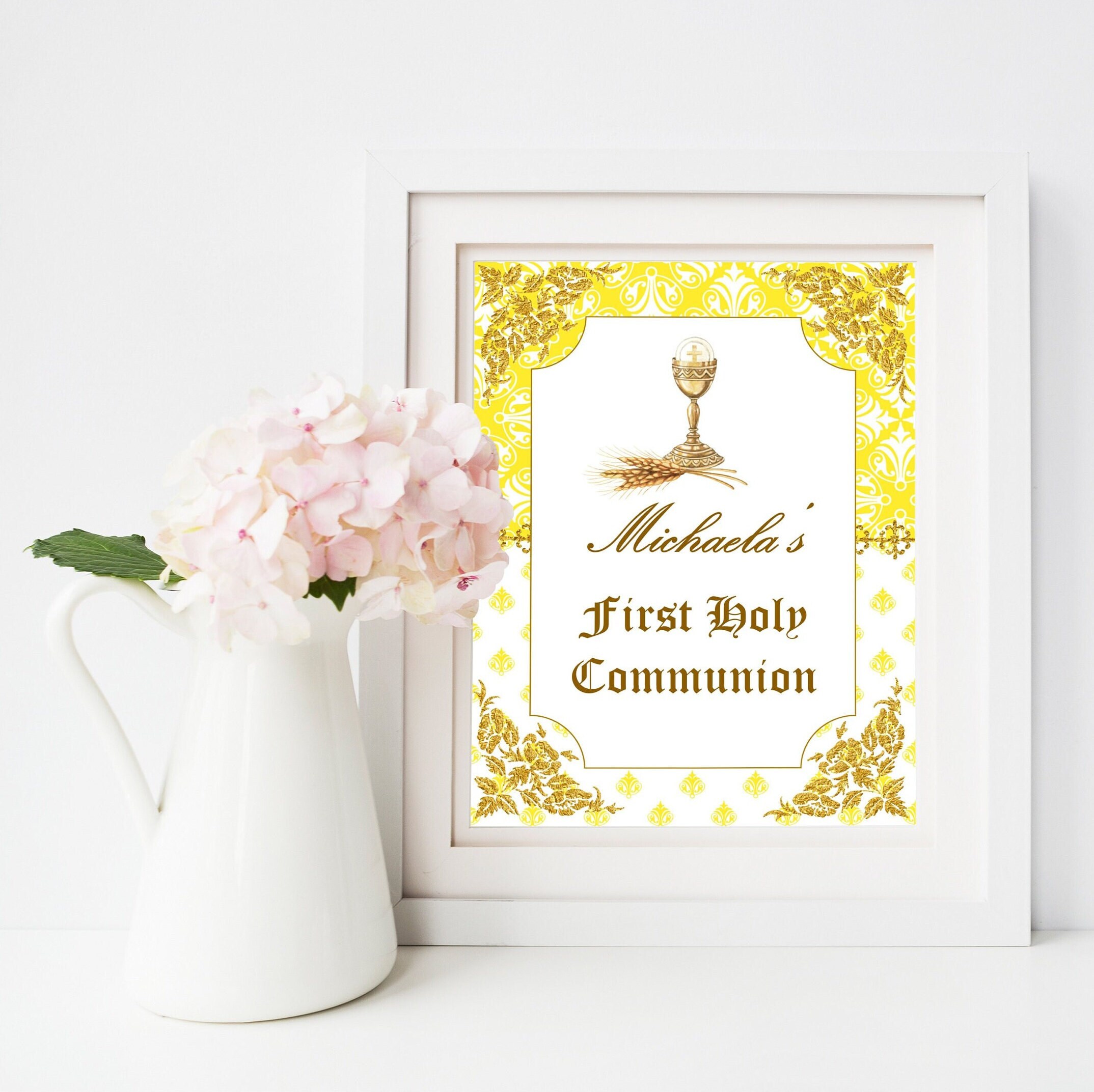 Flourish First Holy Communion Table Sign, Designed in White and Yellow ...