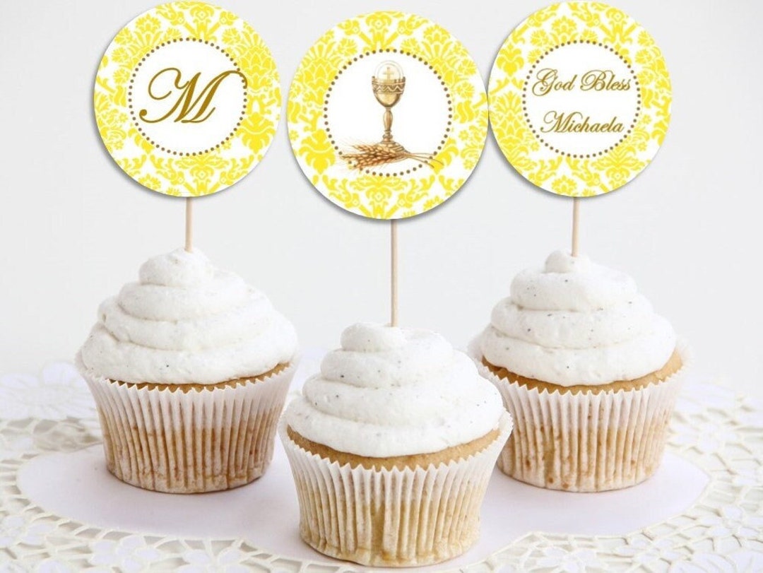 Flourish First Holy Communion Cupcake Toppers, Elegant Design in Yellow ...
