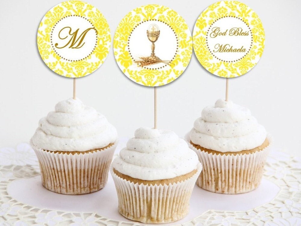 Flourish First Holy Communion Cupcake Toppers, Elegant Design in Yellow ...