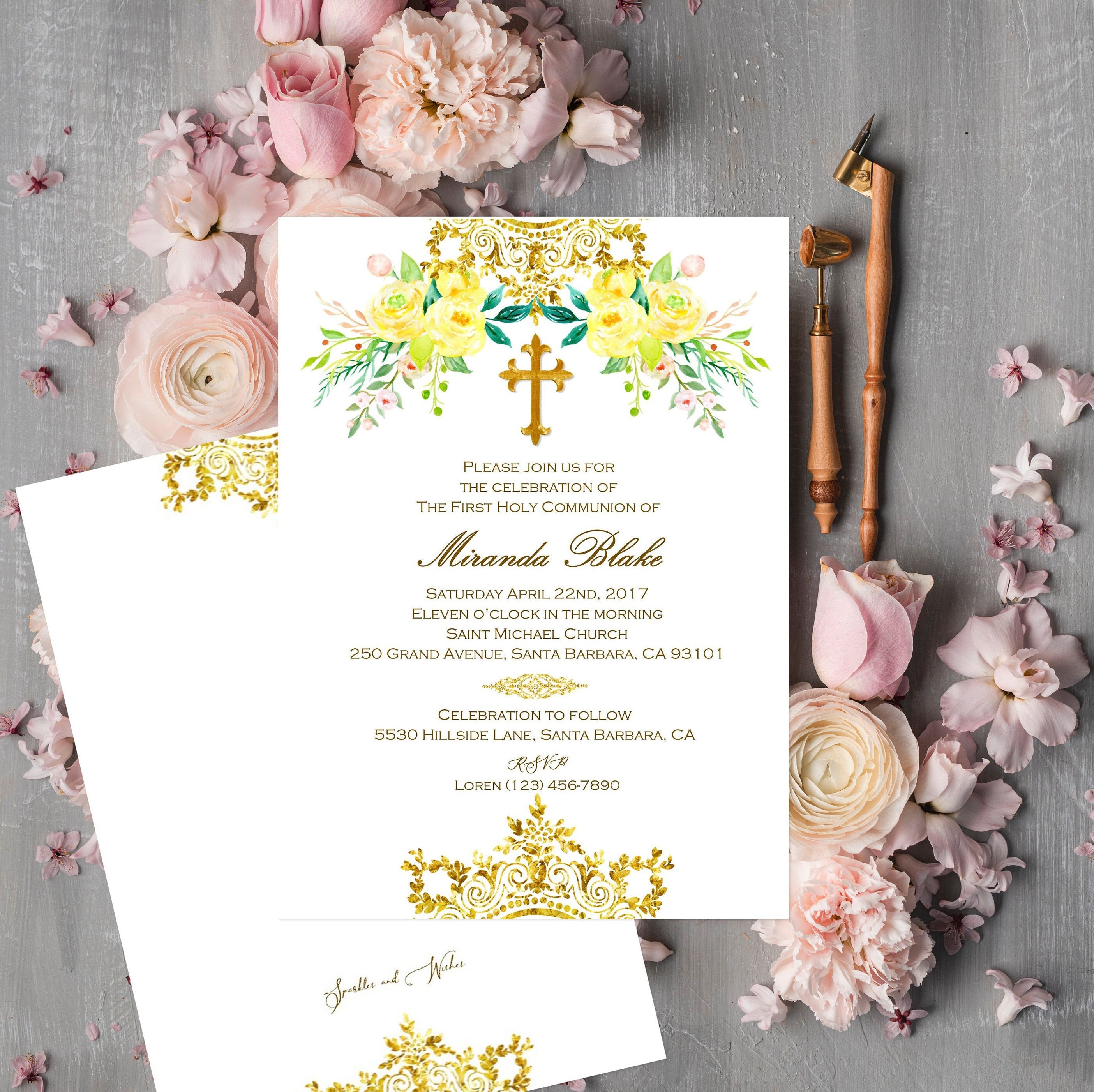 Elegant First Holy Communion Invitation, Delicately Designed in White ...