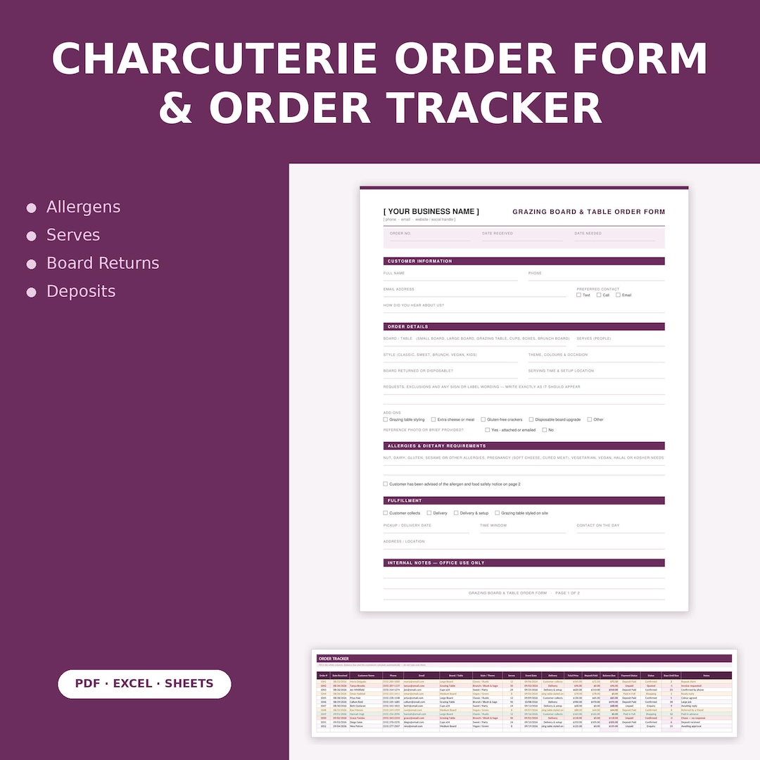 Charcuterie Order Form and Order Tracker Spreadsheet, Grazing Table ...