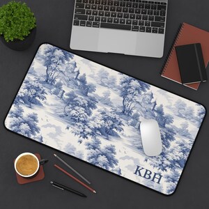 Custom Blue Toile Print Monogram Desk Mat, Personalized Gaming Mouse ...