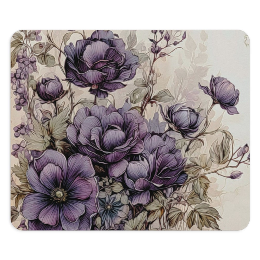 Purple Floral Mouse Pad, Aesthetic Mouse Pad, Purple Flowers, Round ...