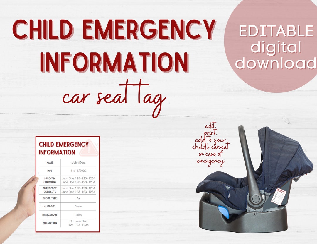 EDITABLE Car Seat Emergency Tag | Baby Toddler Kid Safety Car - Etsy