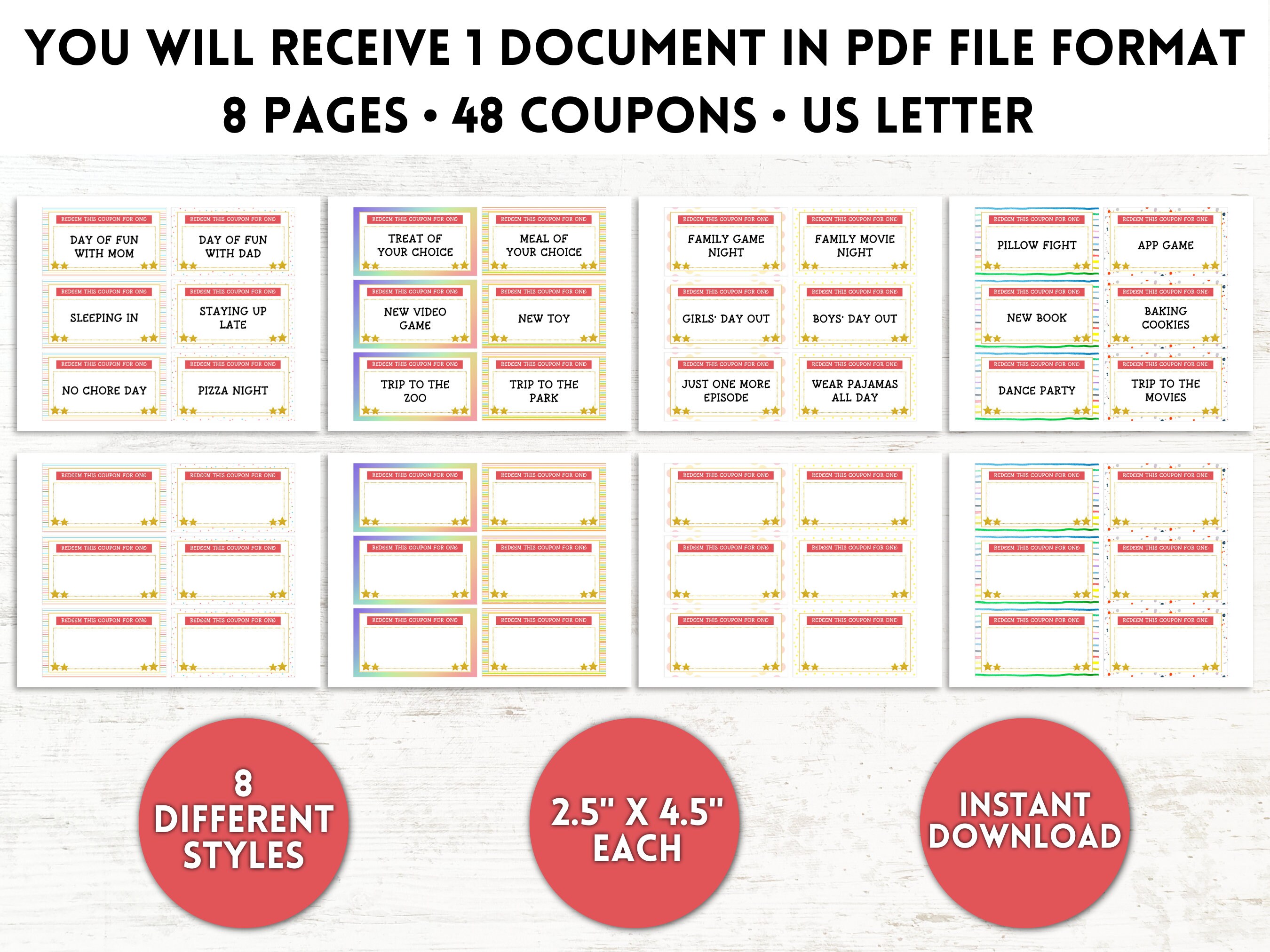 Printable Kids Reward Coupons, Prefilled & Blank Fun Prize Coupons for ...