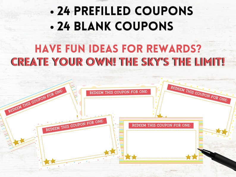 Printable Kids Reward Coupons, Prefilled & Blank Fun Prize Coupons for ...