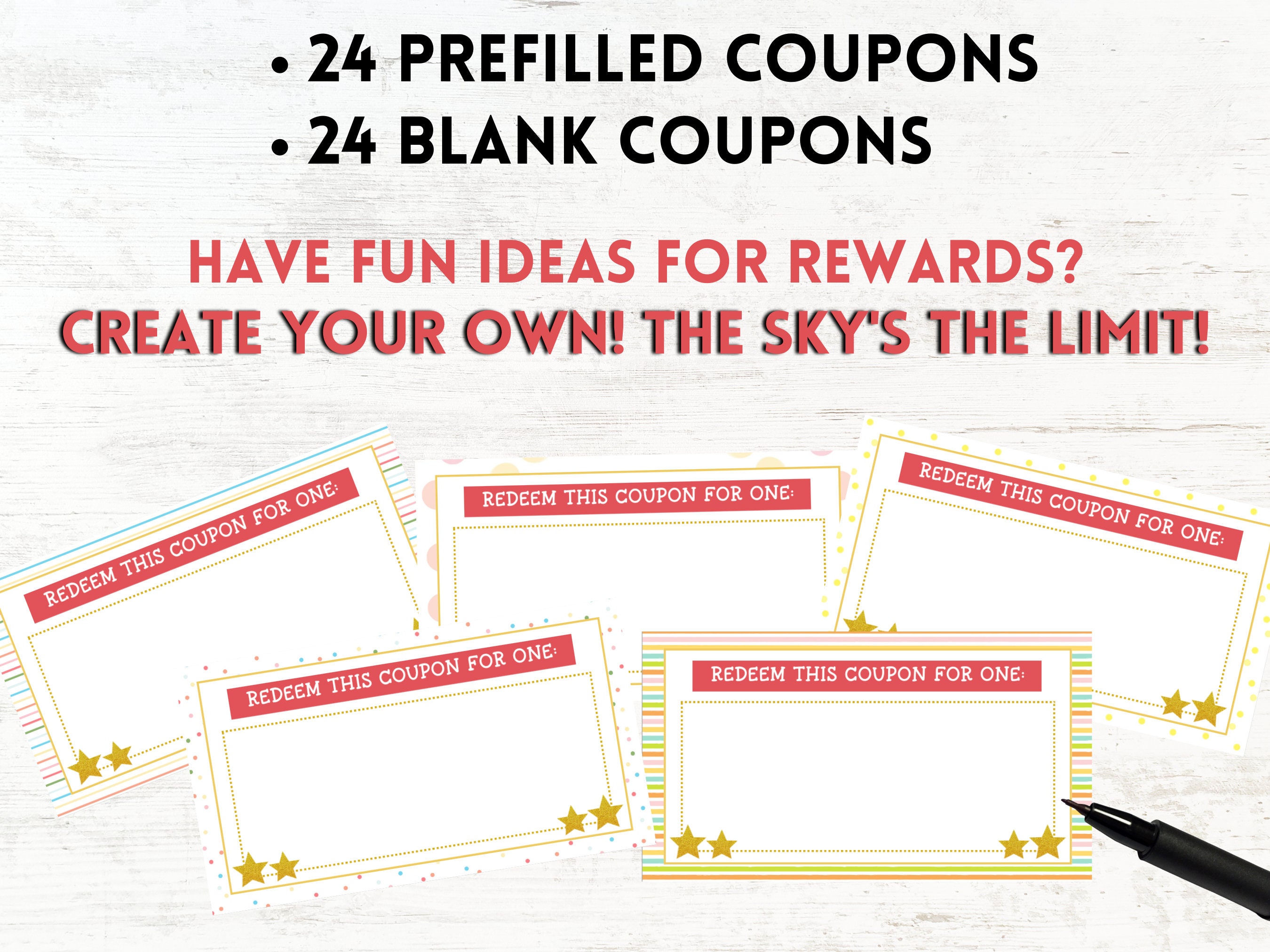 Printable Kids Reward Coupons, Prefilled & Blank Fun Prize Coupons for ...