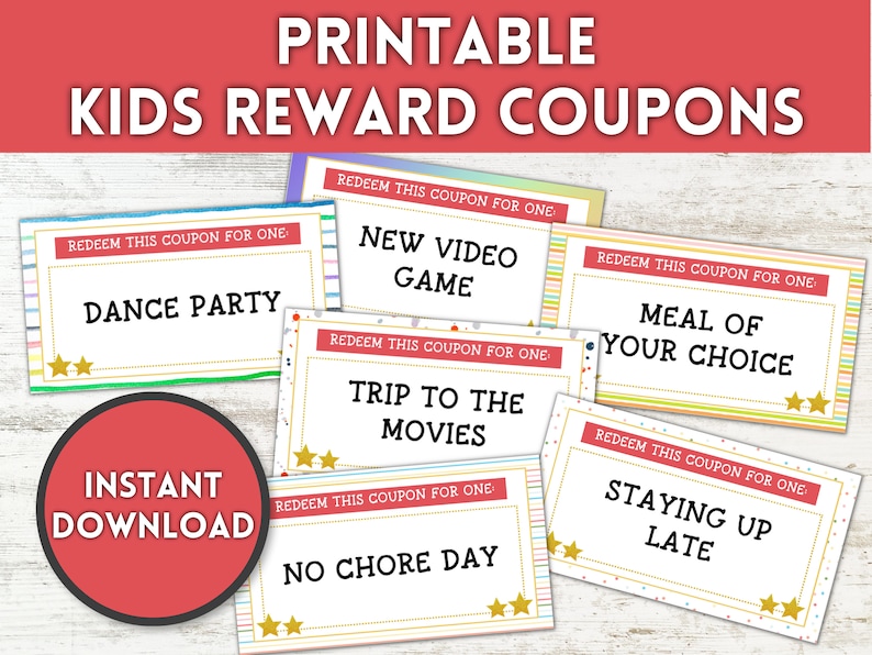 Printable Kids Reward Coupons, Prefilled & Blank Fun Prize Coupons for ...