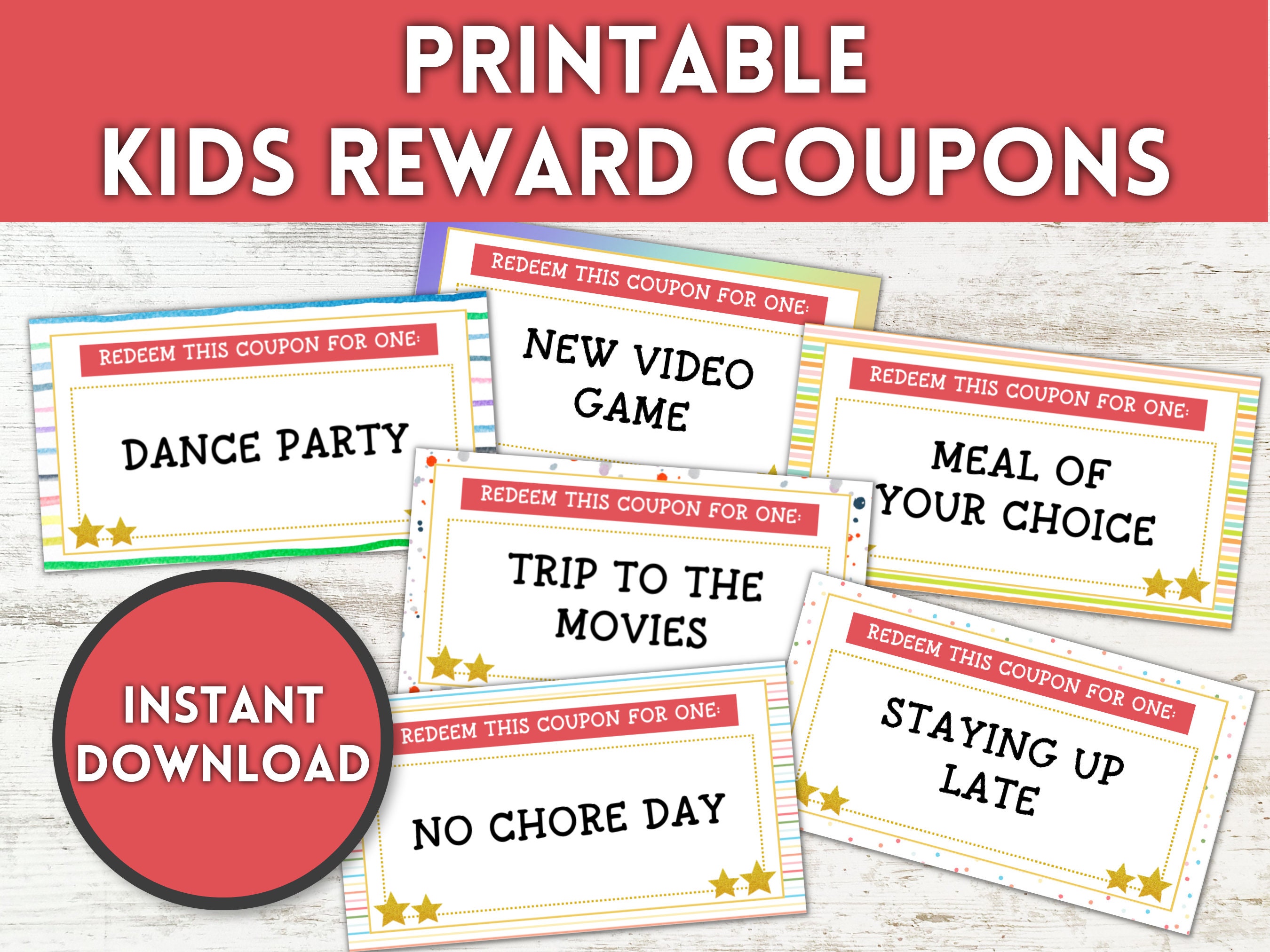 Printable Kids Reward Coupons, Prefilled & Blank Fun Prize Coupons for ...