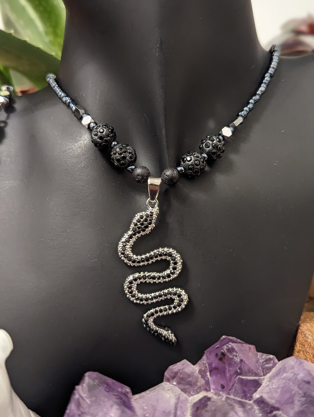 Snakes Unisex Set: Black Silver Shimmering Snake Pendant, Silver Snake ...