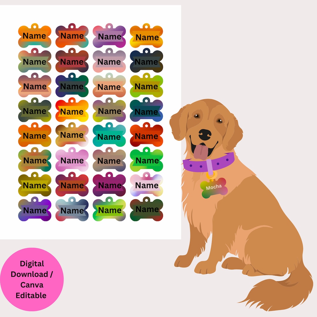 Dog ID Tag, Dog Name Tag Template, Digital Dog Tag, Custom Dog Name Tag ...