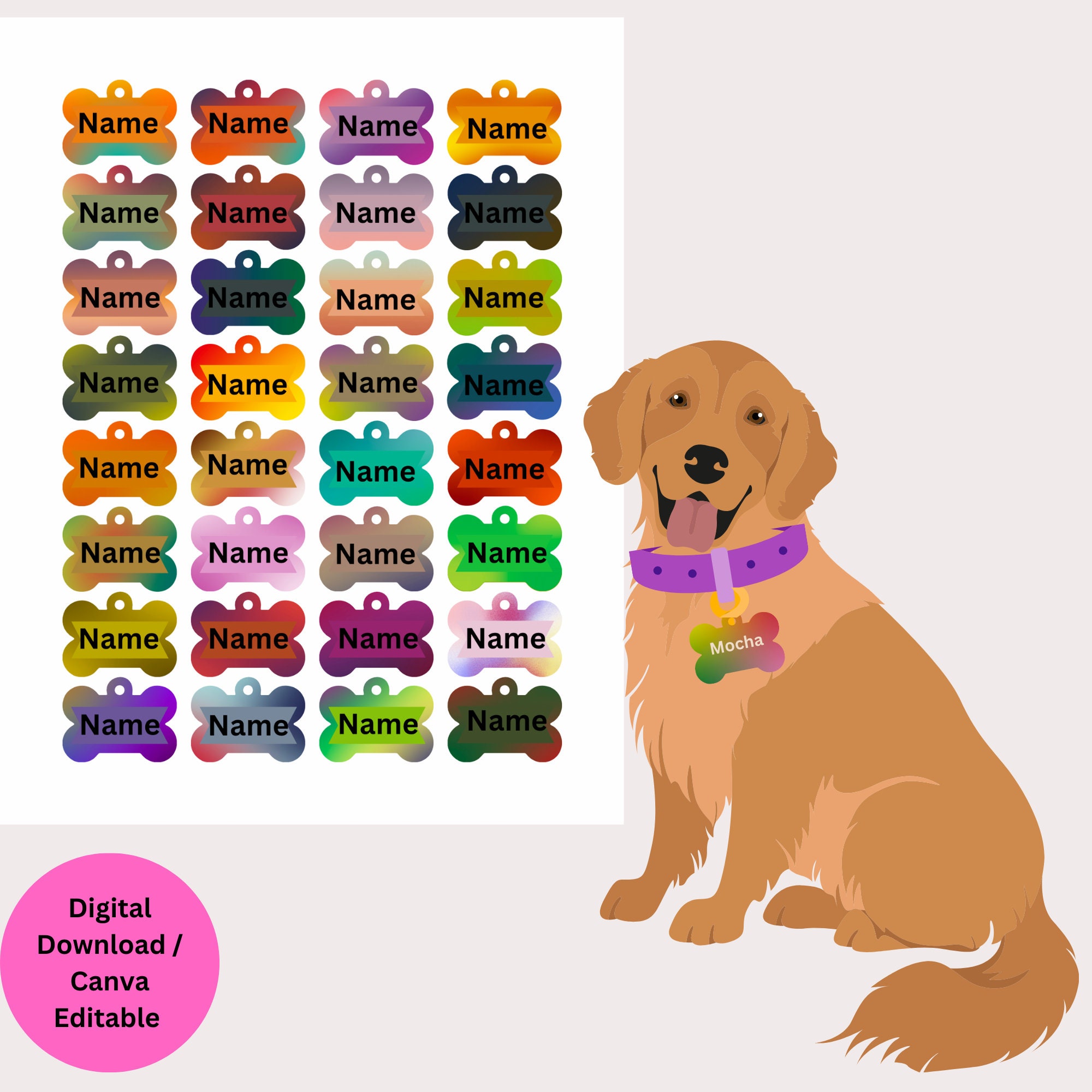 Pet ID Tag Template Bundle, Digital Dog Collar Tag, Dog Name Tag ...