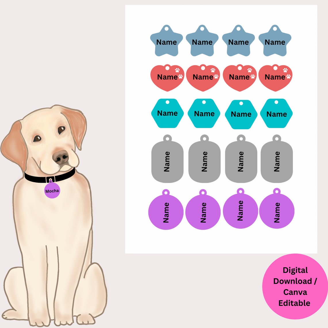 Dog ID Tag, Dog Name Tag Template, Digital Dog Tag, Custom Dog Name Tag ...
