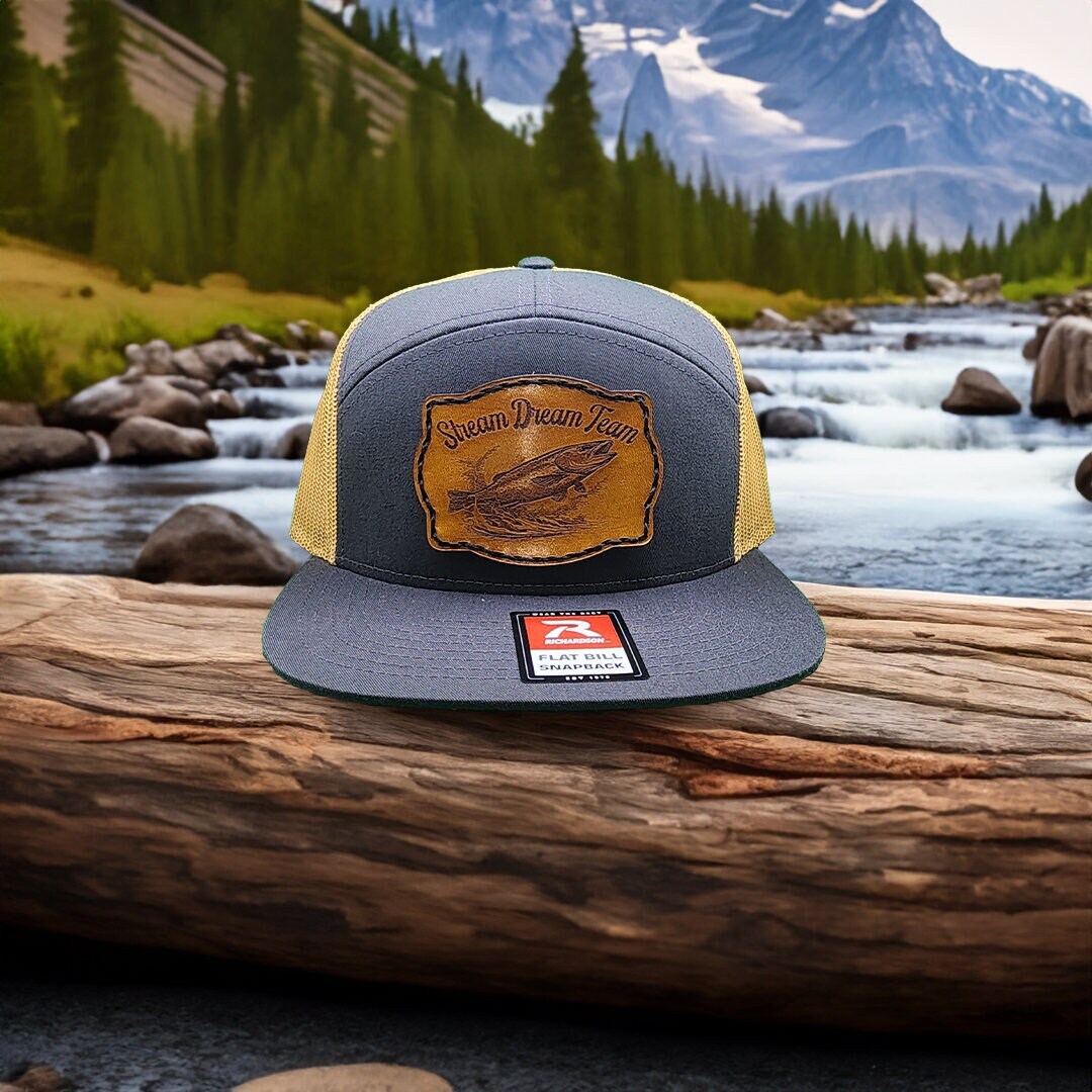 Engraved Trout Leather Patch Hat - 7 Panel Snapback Fishing Cap - Etsy