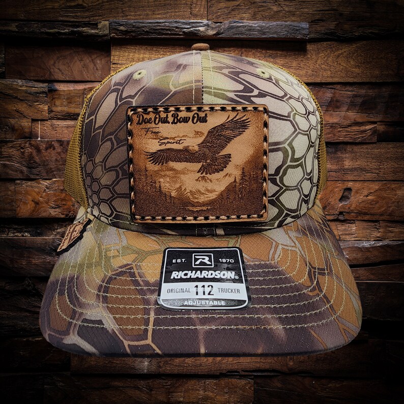 Free Spirit Camo Trucker Hat - "doe Out Bow Out" Leather Patch - Richardson 112 - Western ...