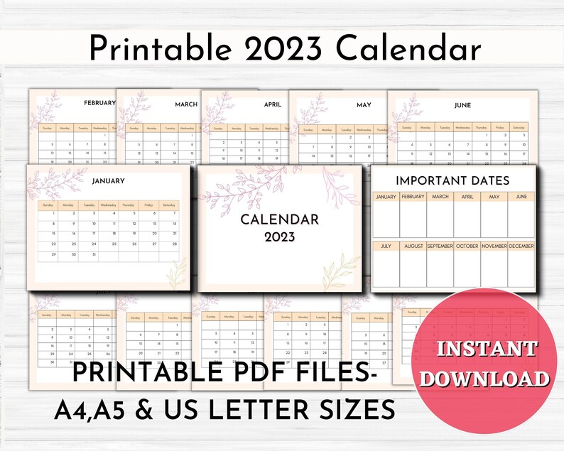 Printable 2023 Calendar Pastel Pink 2023 Digital Printable - Etsy