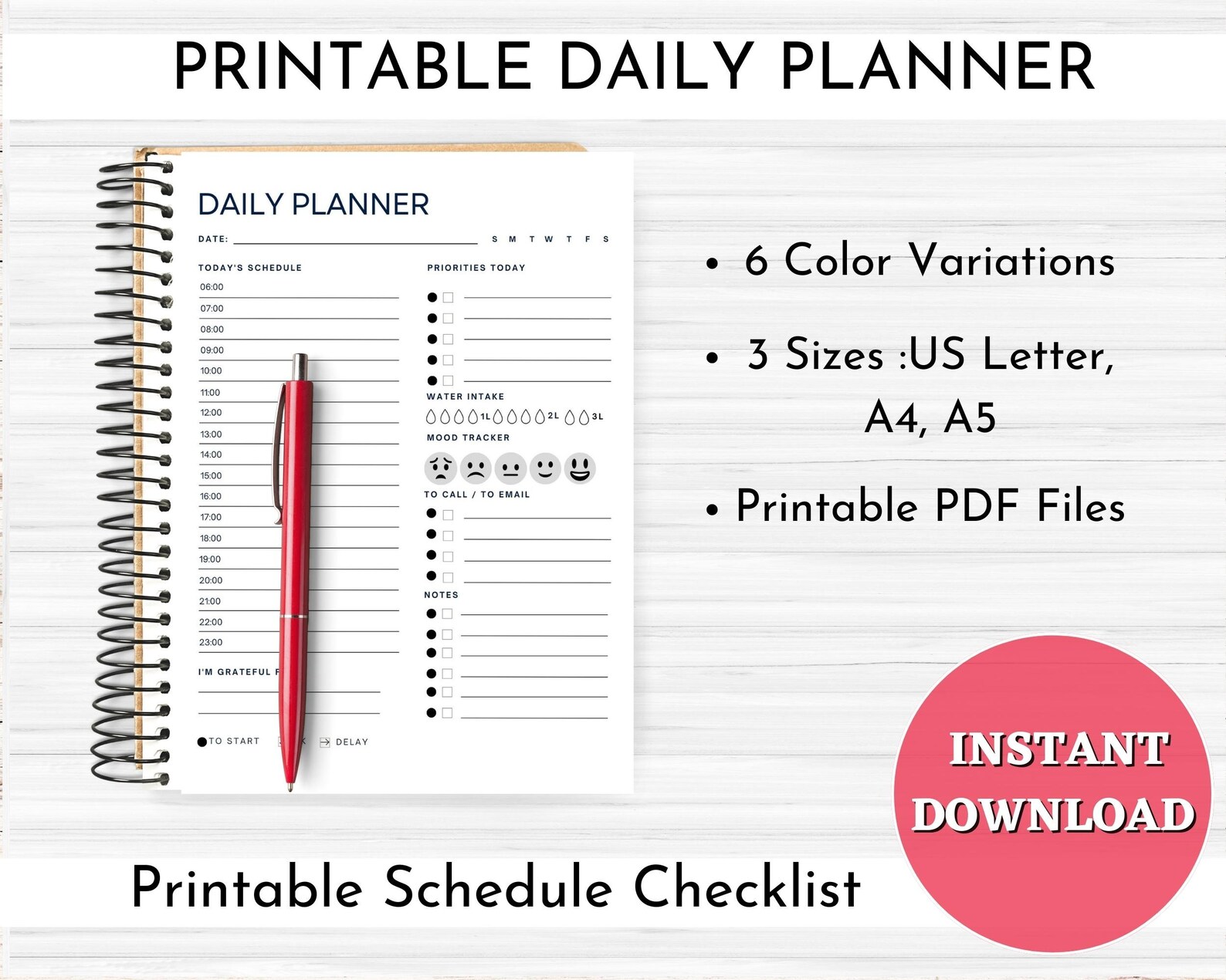 Printable Daily Planner, Daily Schedule Checklist , Printable "to DO ...