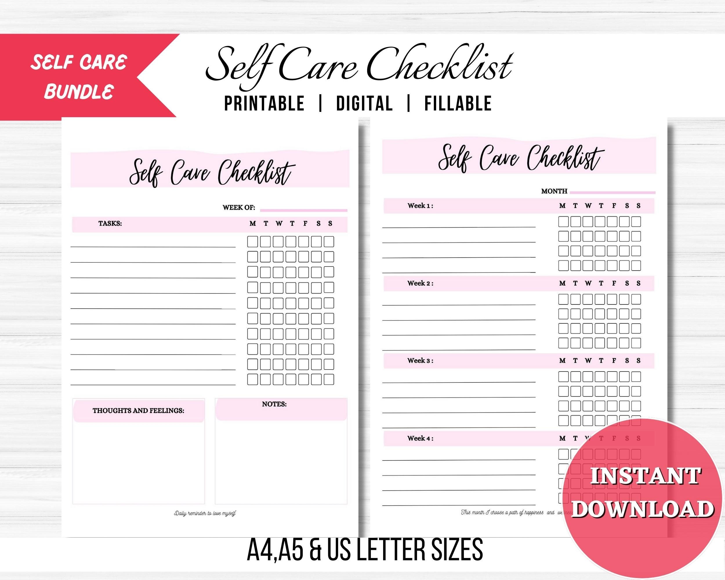 Printable Self Care Checklist Bundle, Digital Self Care Journal for ...
