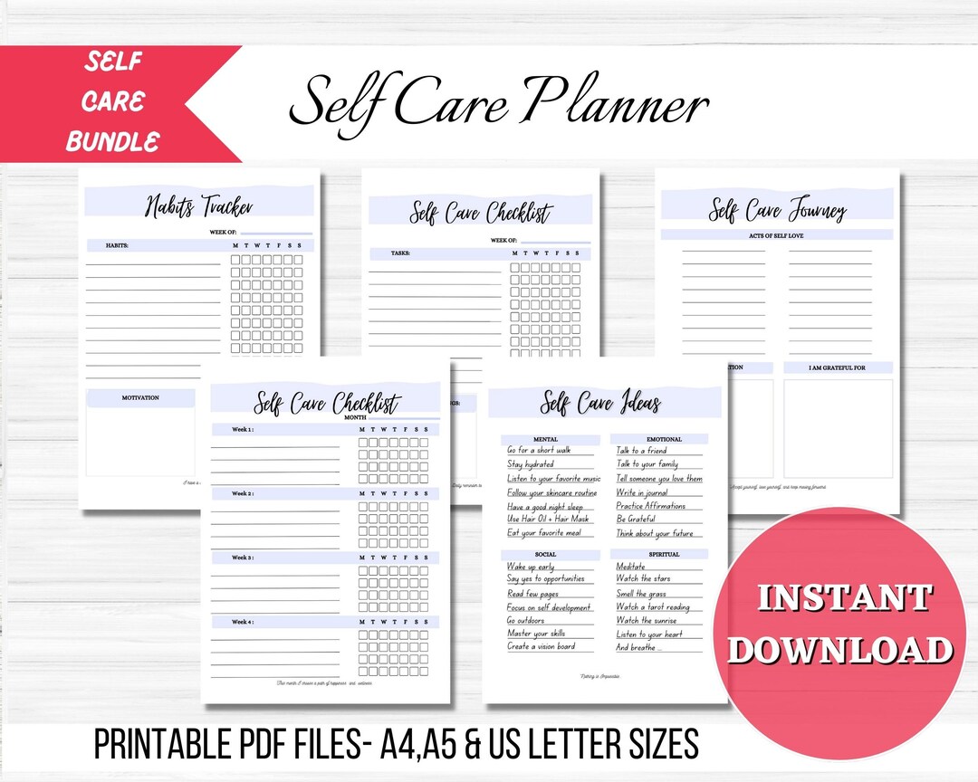 Pastel Blue Self Care Planner Bundle, Printable Self Care Planner Pack, Self Care Checklist ...