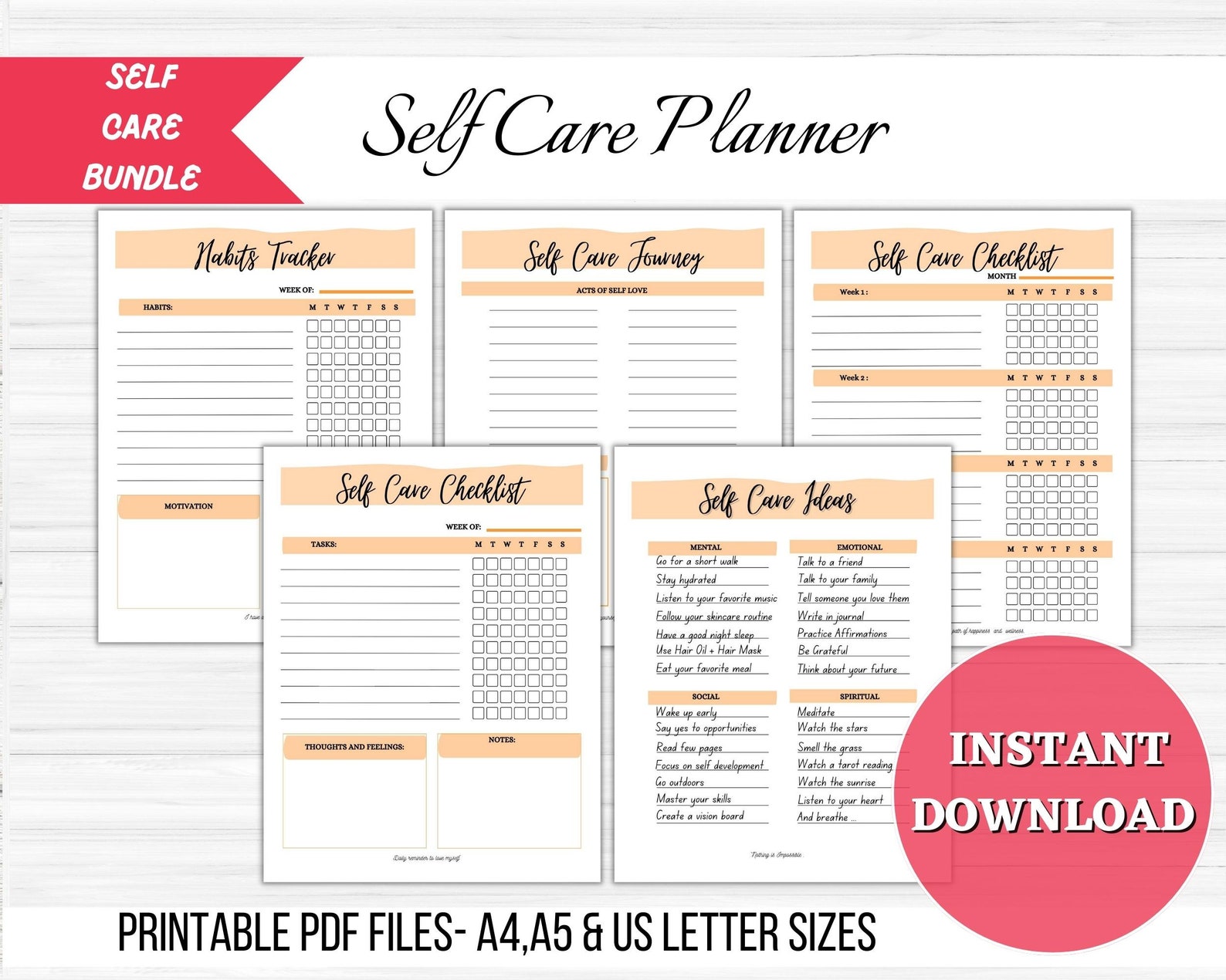 Printable Peachy Self Care Planner Bundle, Self Care Planner for ...